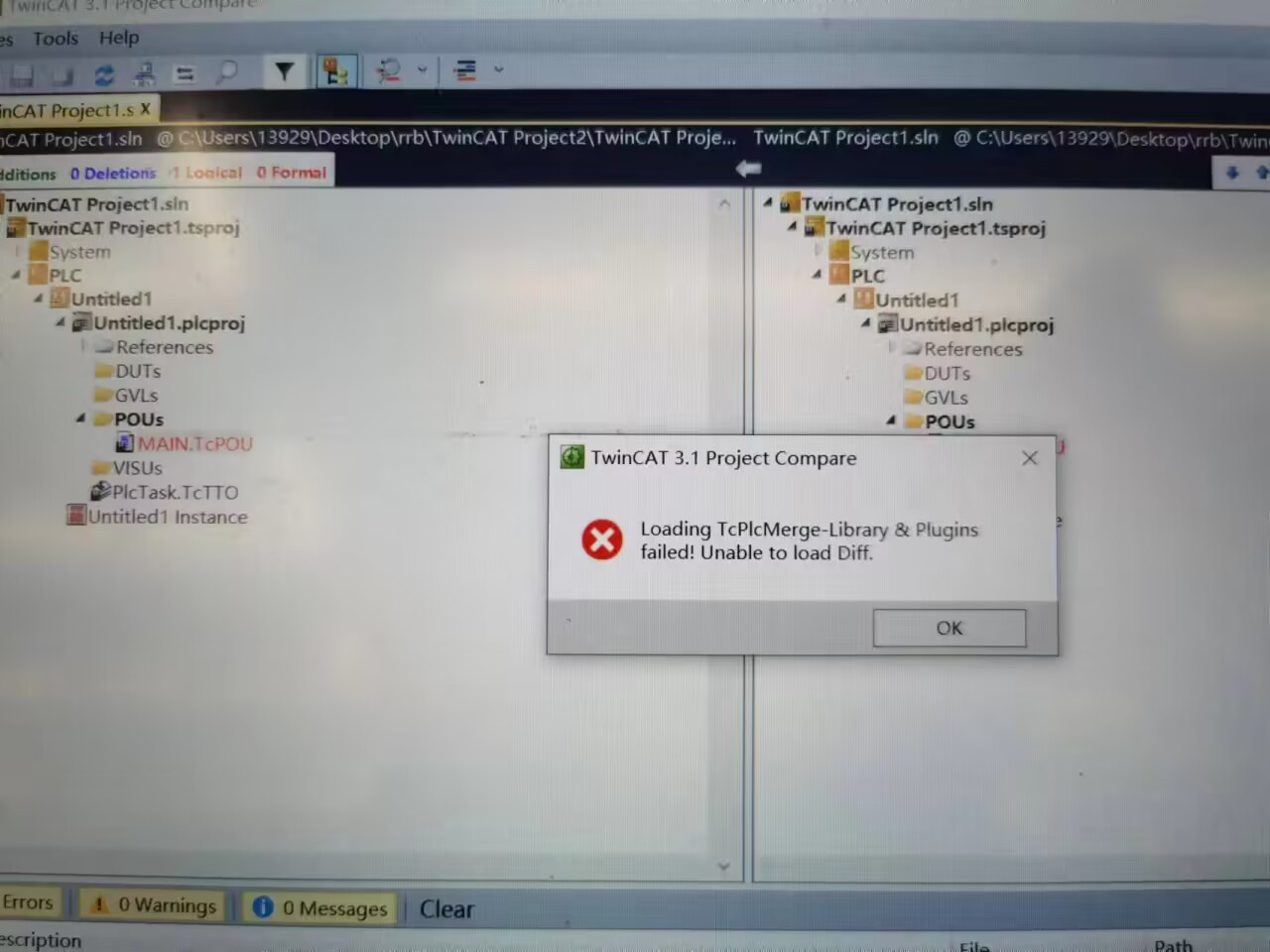 TwinCAT 3项目比较工具使用技巧: project compare报错loading tcplcmerge-library&plugins failded! Unable to load ...